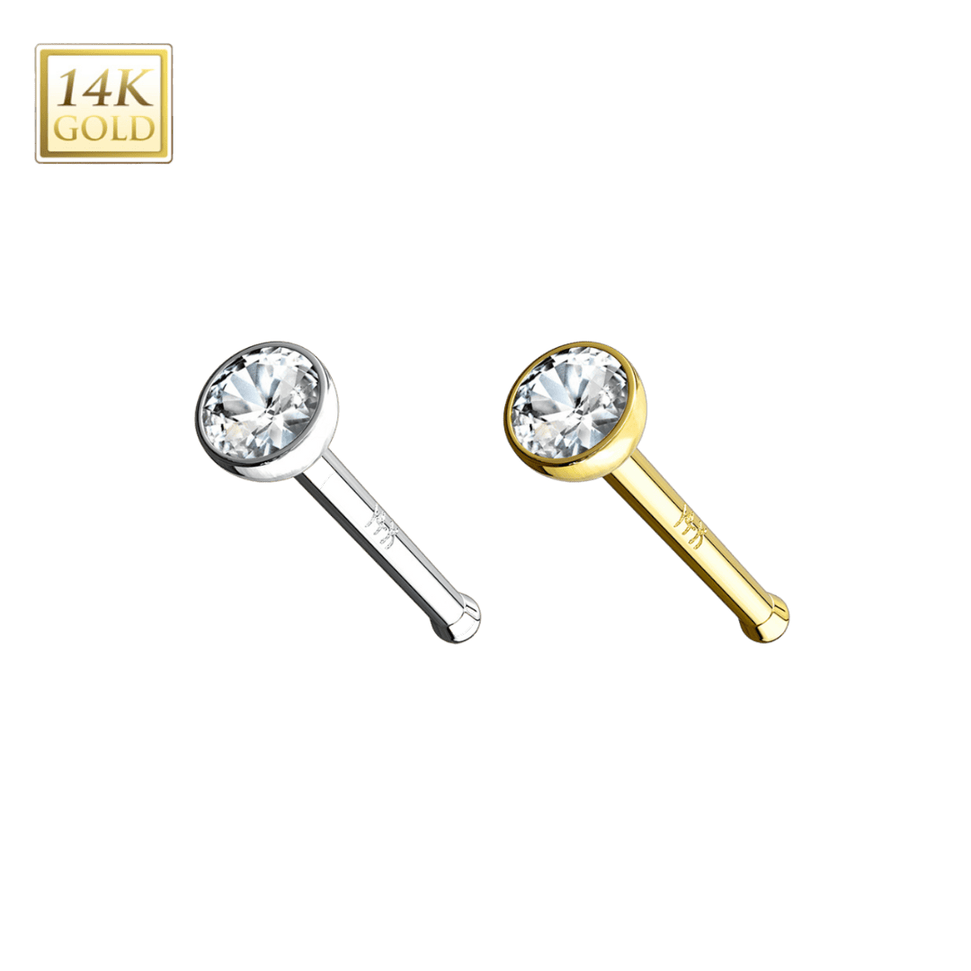 14k Gold Bezeled Round Gem Nose Stud